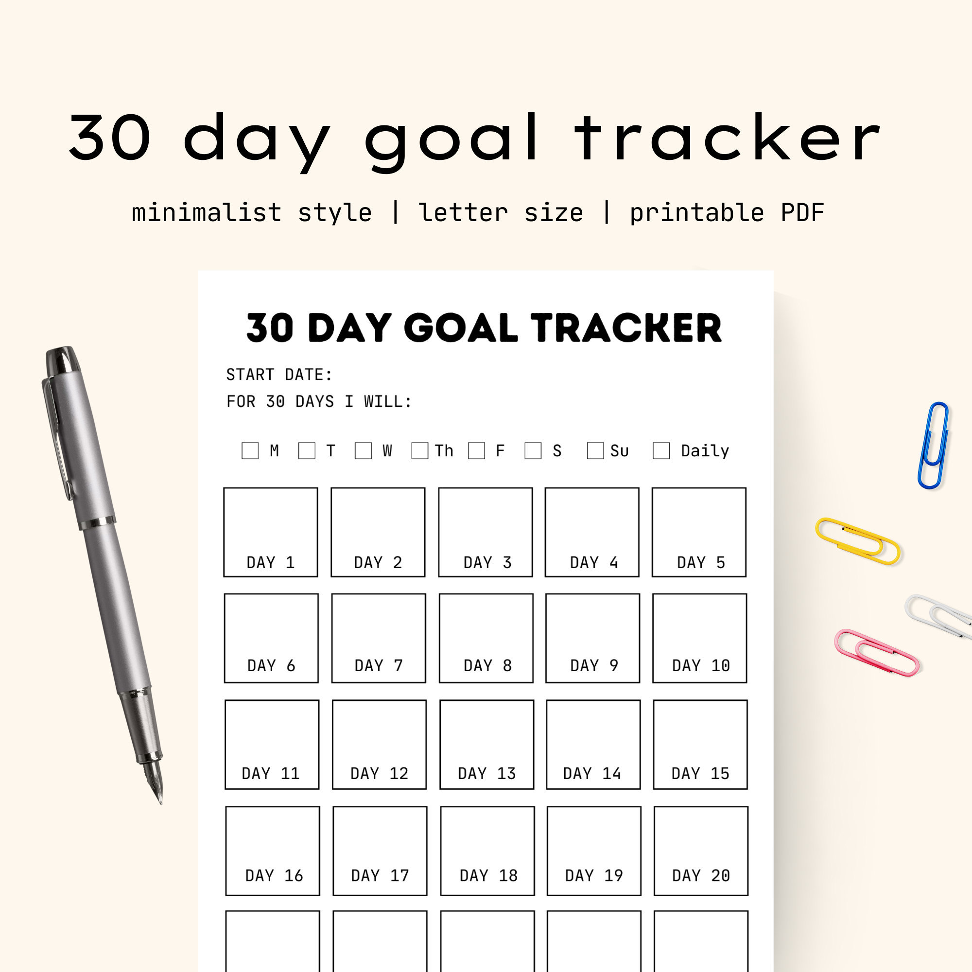 30-day Minimalist Goal Tracker Sheet - Printable PDF - Etsy