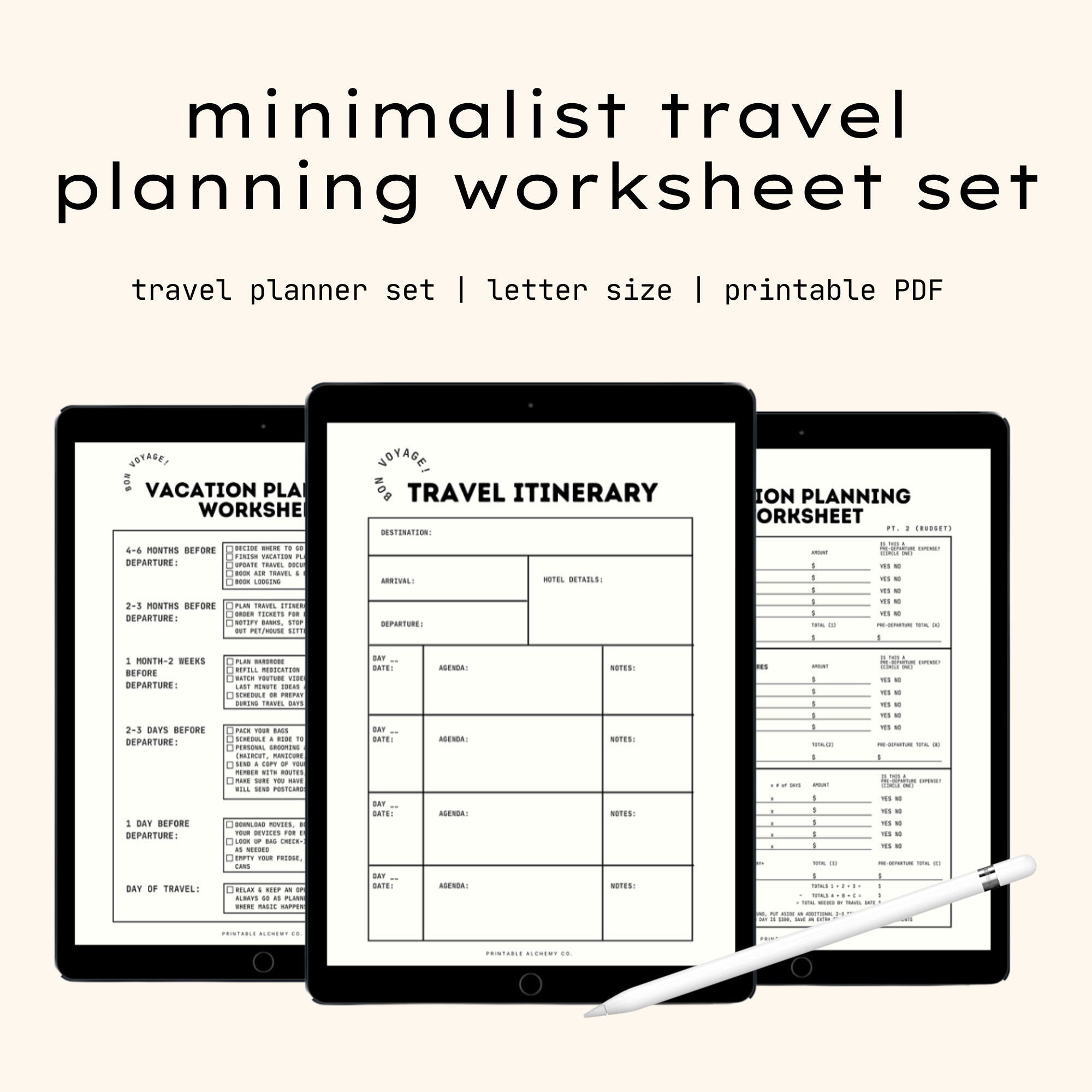 Minimalist Travel Planning Worksheet Set (4 Pages) - Printable PDF - Etsy
