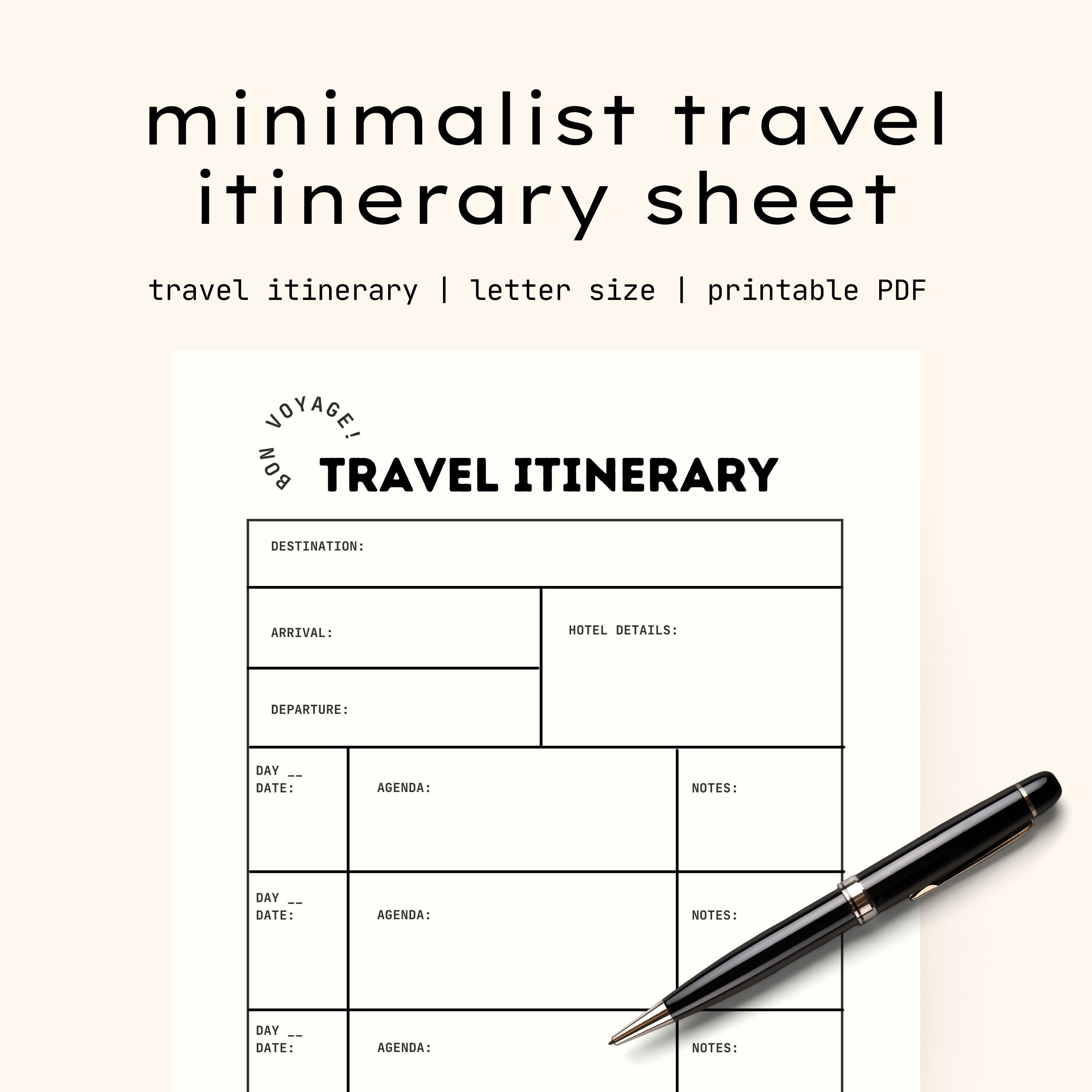 Minimalist Travel Itinerary Sheet - Printable PDF - Etsy