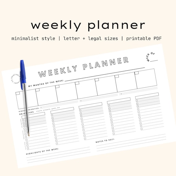 Minimalist Weekly Planner Sheet Printable PDF 2 Sizes | Etsy