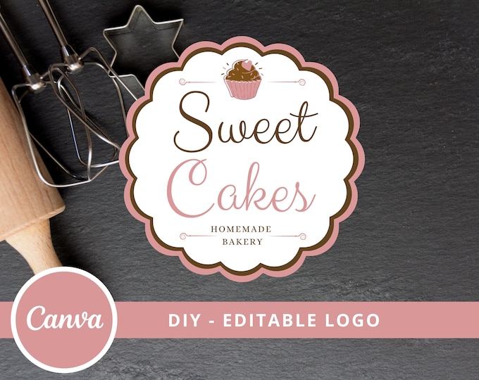 DIY Vintage Bakery Logo Design, Canva Editable Template, Watercolor ...