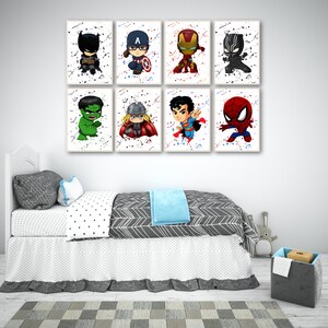 Superheroes Poster Set of 8, Superhero Wall Art, Kids Room Wall Decor ...