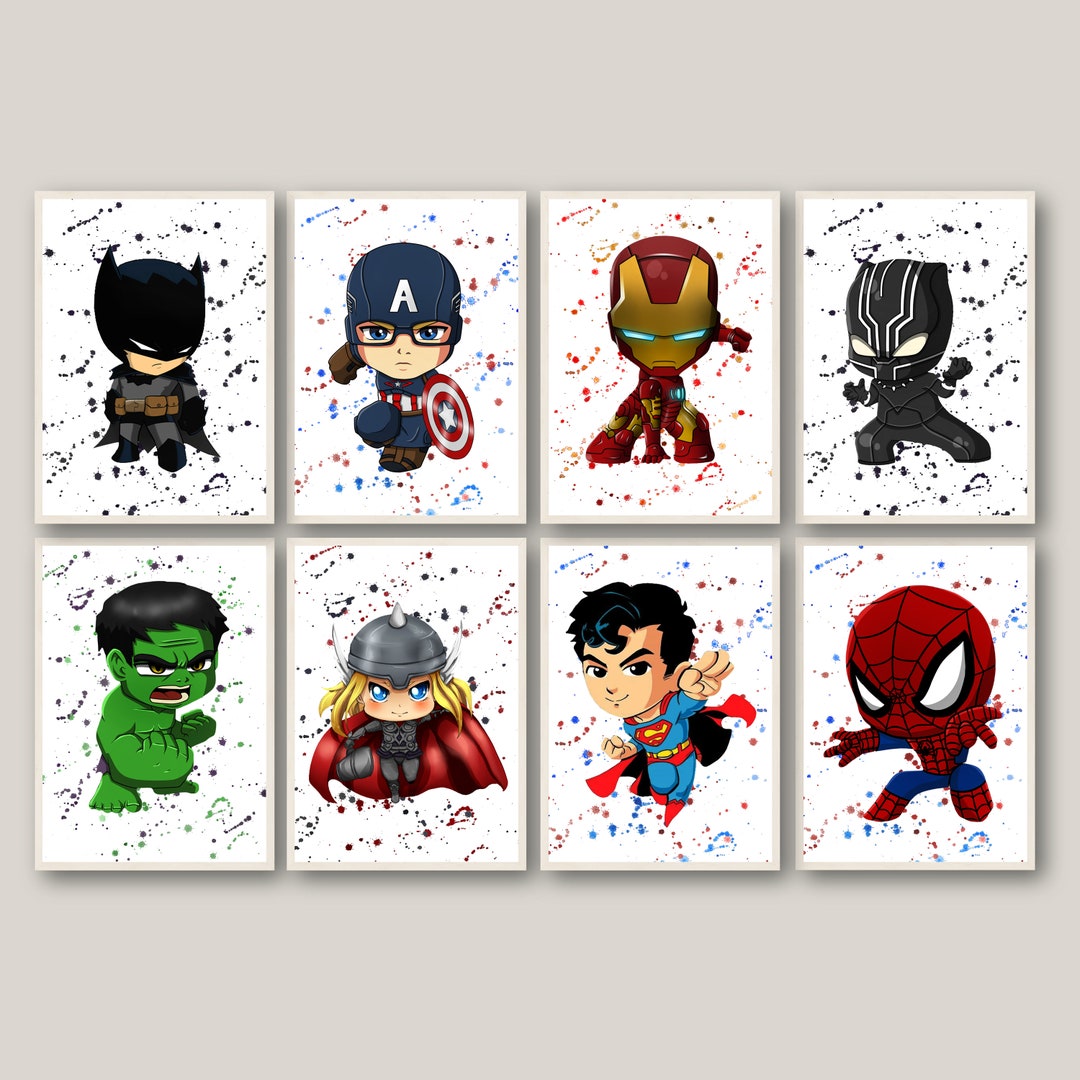 Superheroes Poster Set of 8, Superhero Wall Art, Kids Room Wall Decor ...