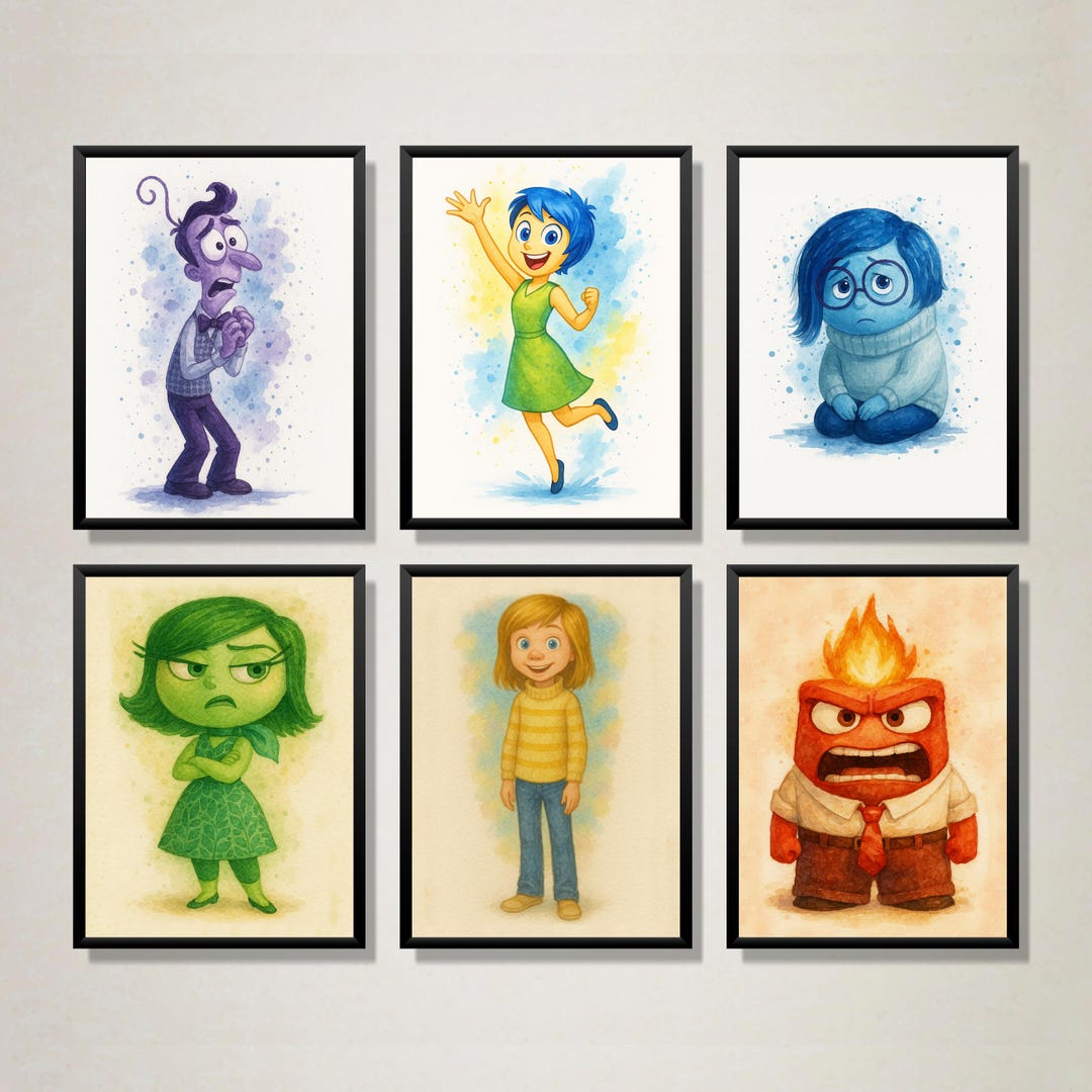 Set of 6 Colorful Emotion Character Prints, Cute Watercolor Cartoon ...