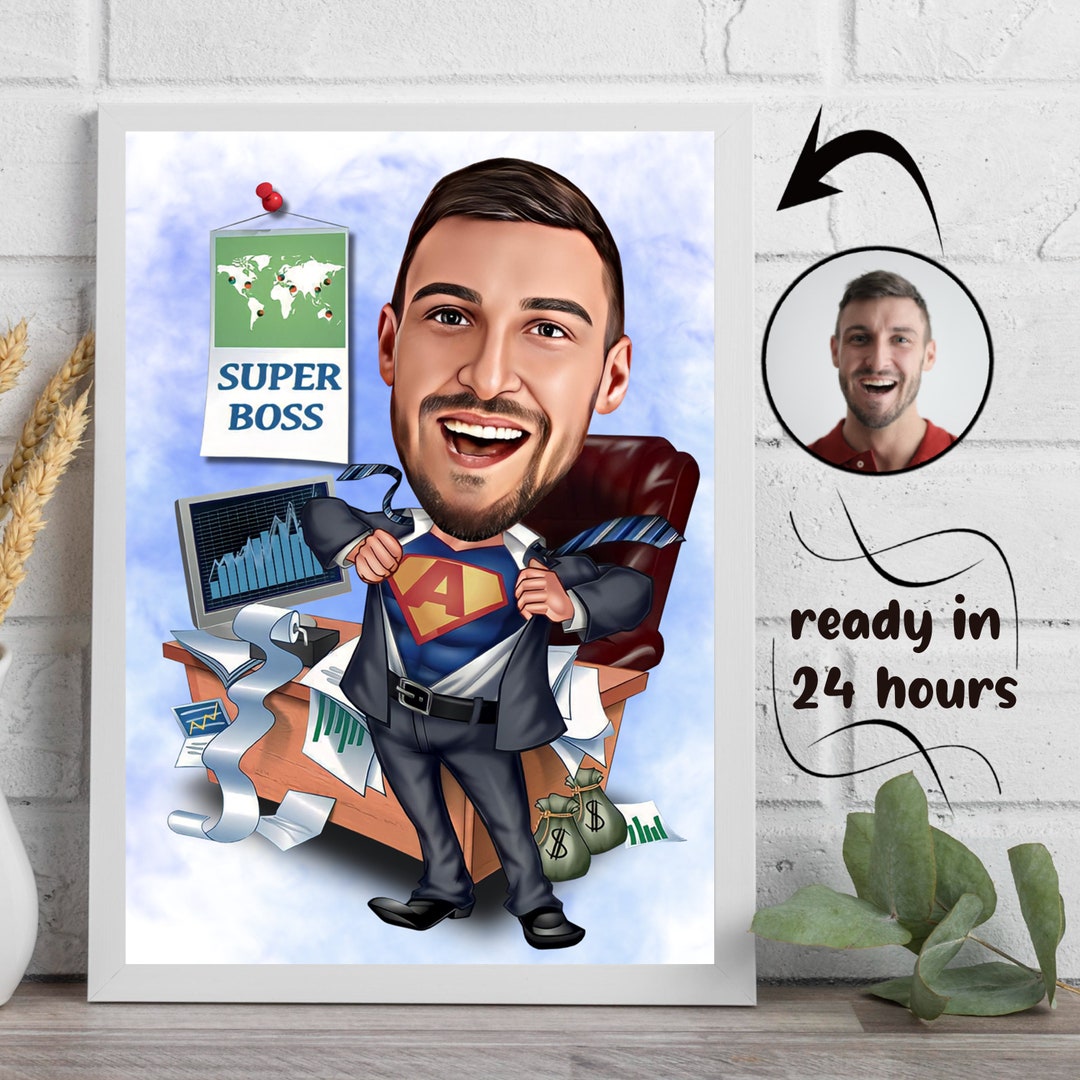 Personalized Super Boss Cartoon Portrait, Funny Super Boss Caricature ...