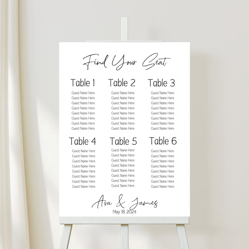 AVA – Minimalist Wedding Seating Chart Template – Download – Editable ...