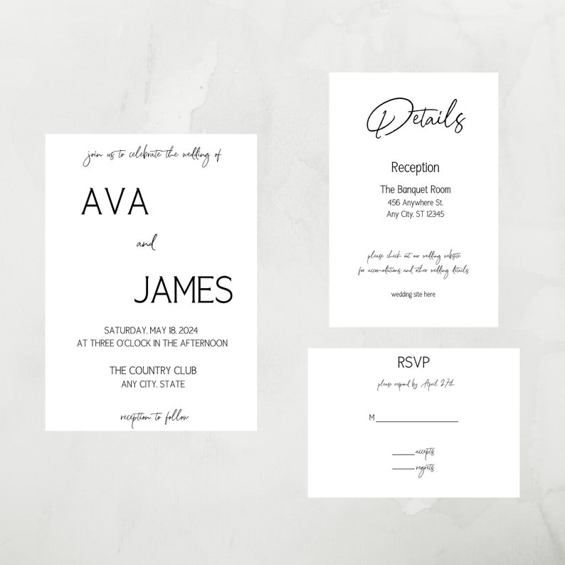 AVA – Minimalist Wedding Invitation Set Template – Download – Editable ...