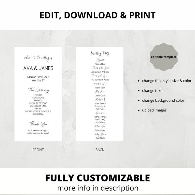 AVA – Minimalist Wedding Program Template – Download – Editable ...