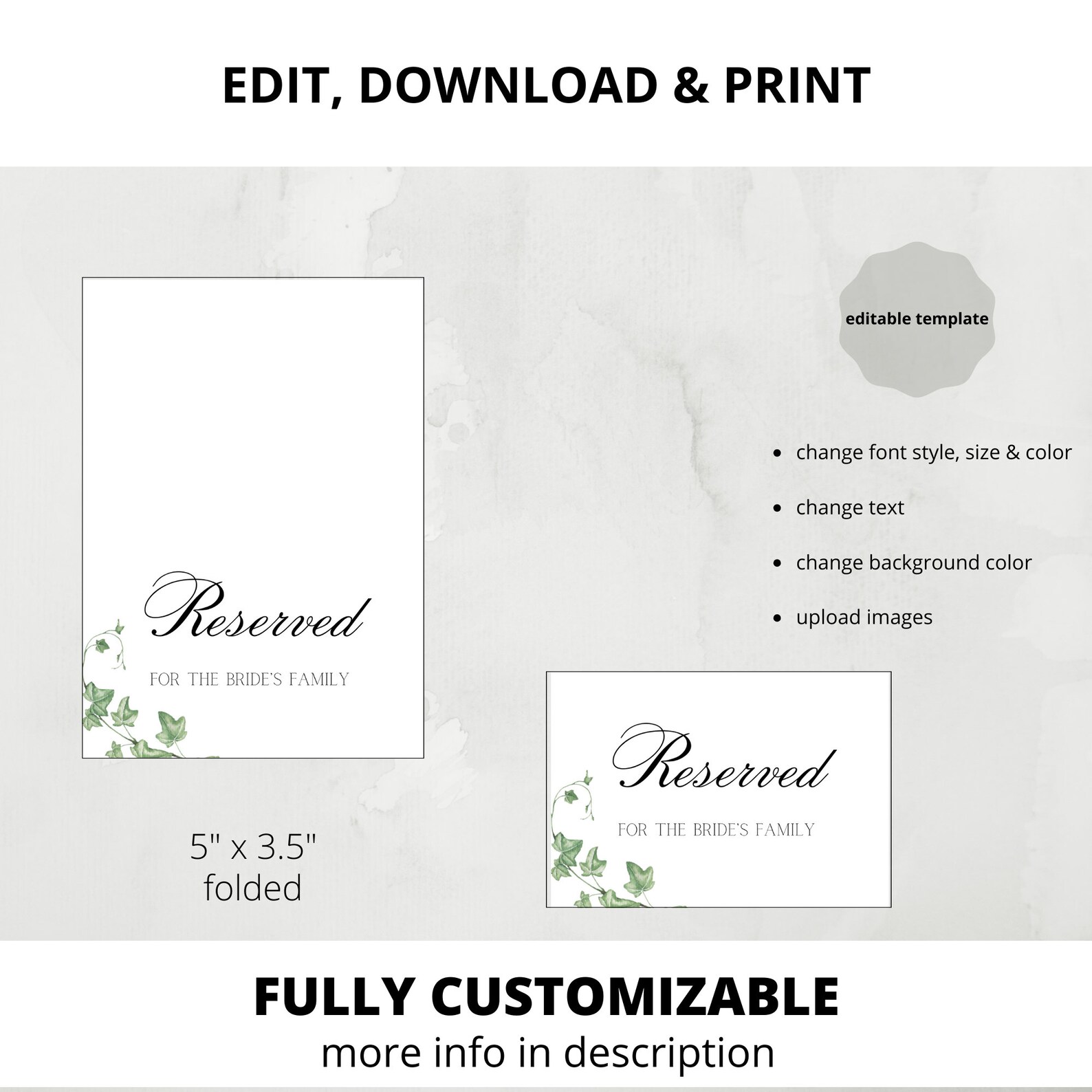 IVY – Greenery Wedding Reserved Sign Card Template – Download ...