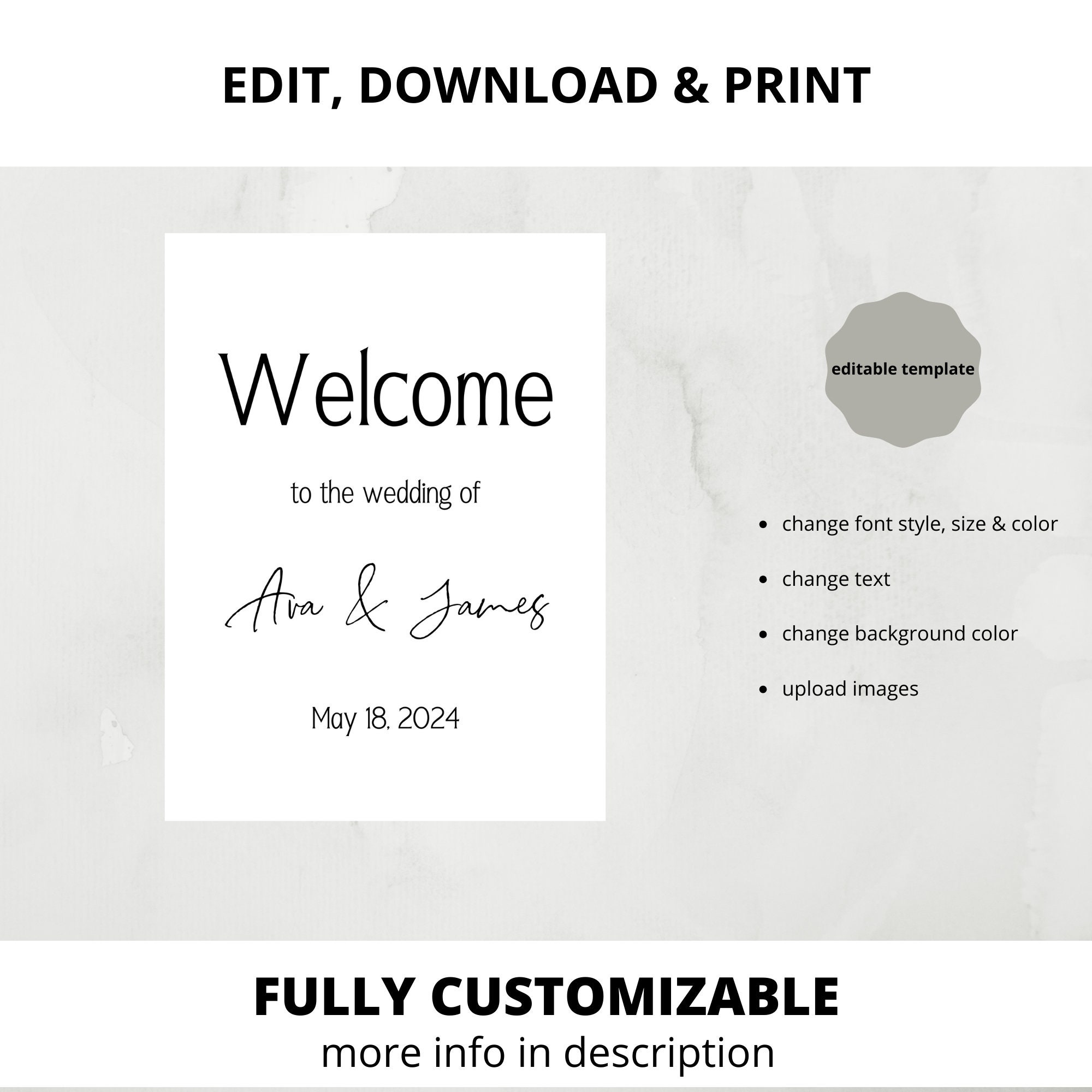 AVA – Minimalist Wedding Welcome Sign Template – Multiple Sizes ...