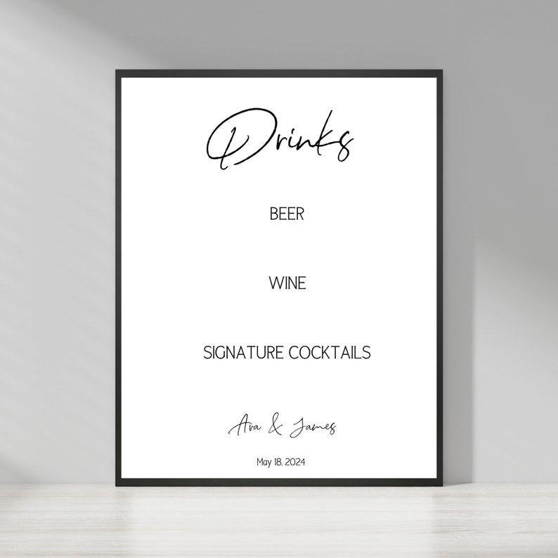 AVA – Minimalist Wedding Drinks Sign - Bar Menu Template – Download ...