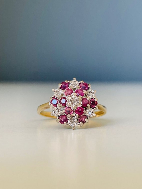 9ct Gold Ruby and Diamond Cluster Ring - Etsy
