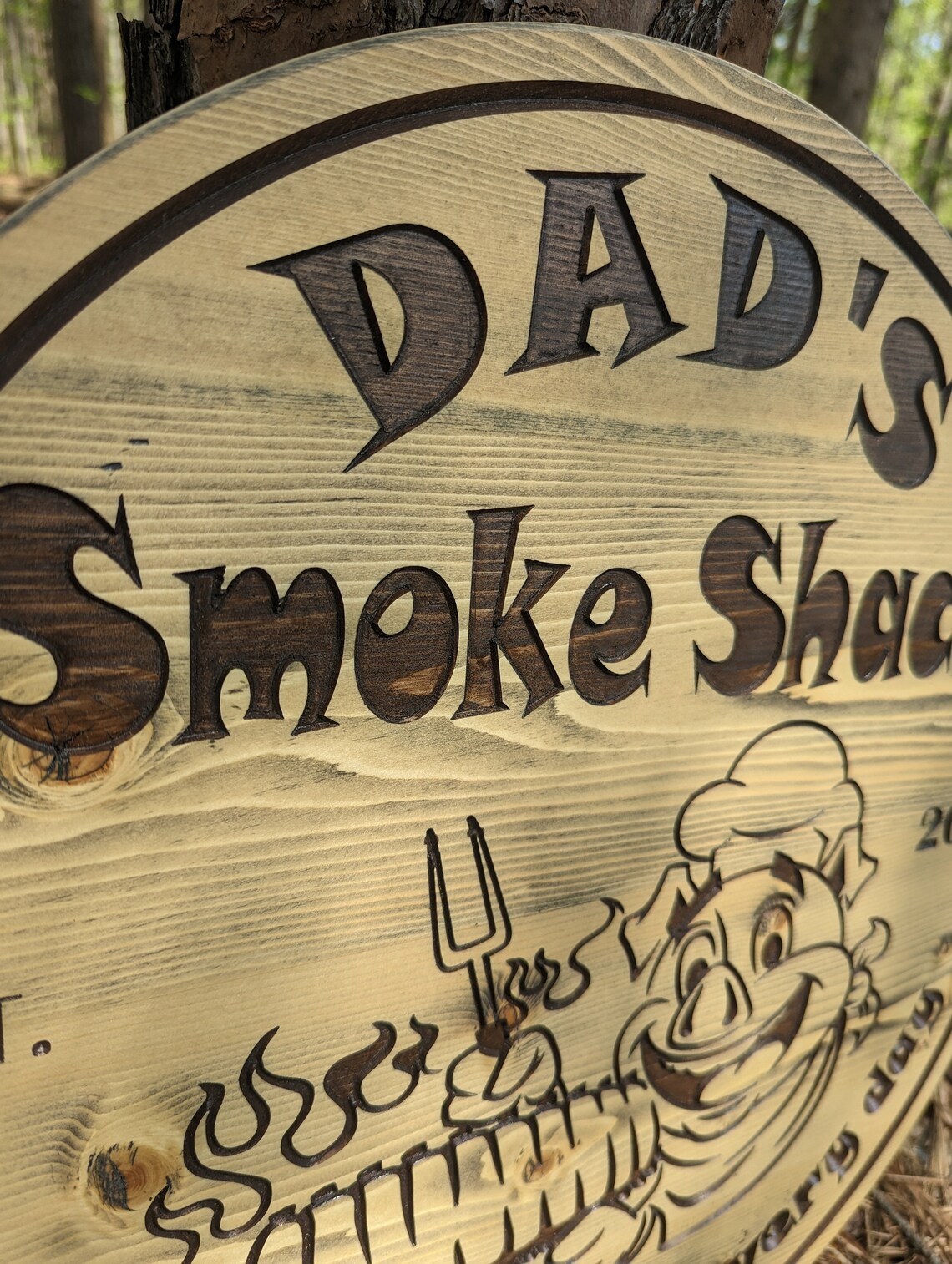 BBQ Smoke Shack Custom Wood Carved Round Sign: Grilling; Kitchen ...