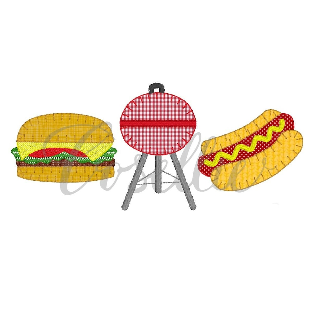 Grill Trio Embroidery Design, Cheeseburger Embroidery Design, Hamburger ...