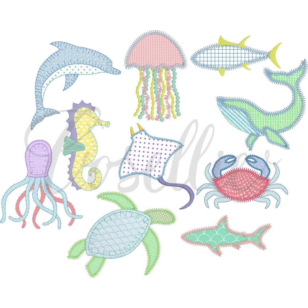 10 Sea Creatures Applique Embroidery Design - Sea Animals Embroidery ...