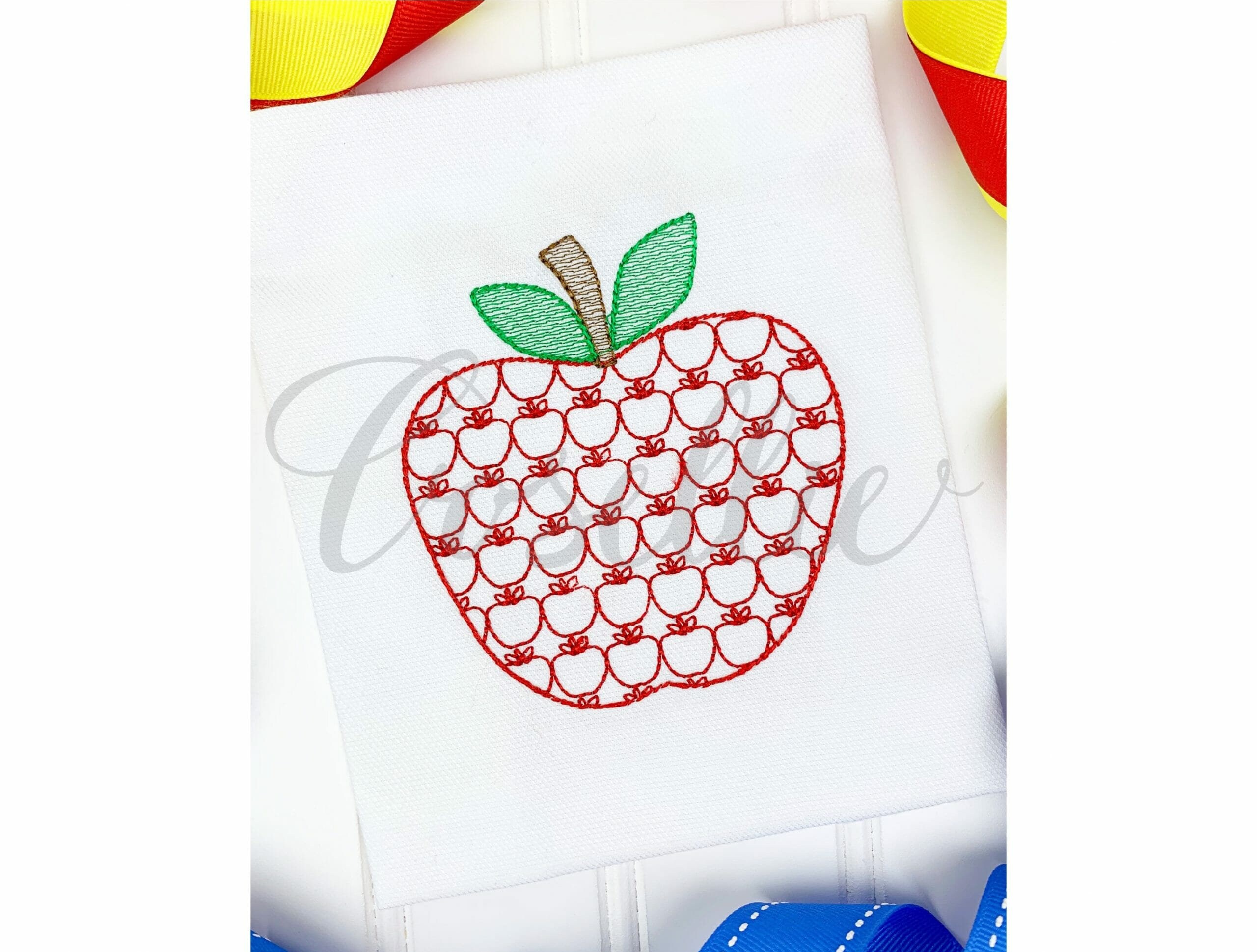 Apple Motif Embroidery Design, Bow, Apple, Books, Crayons, Vintage ...
