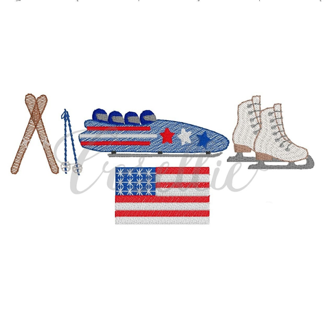 Winter Olympics Embroidery Design, Olympics, Team USA, Bobsled, Skis ...