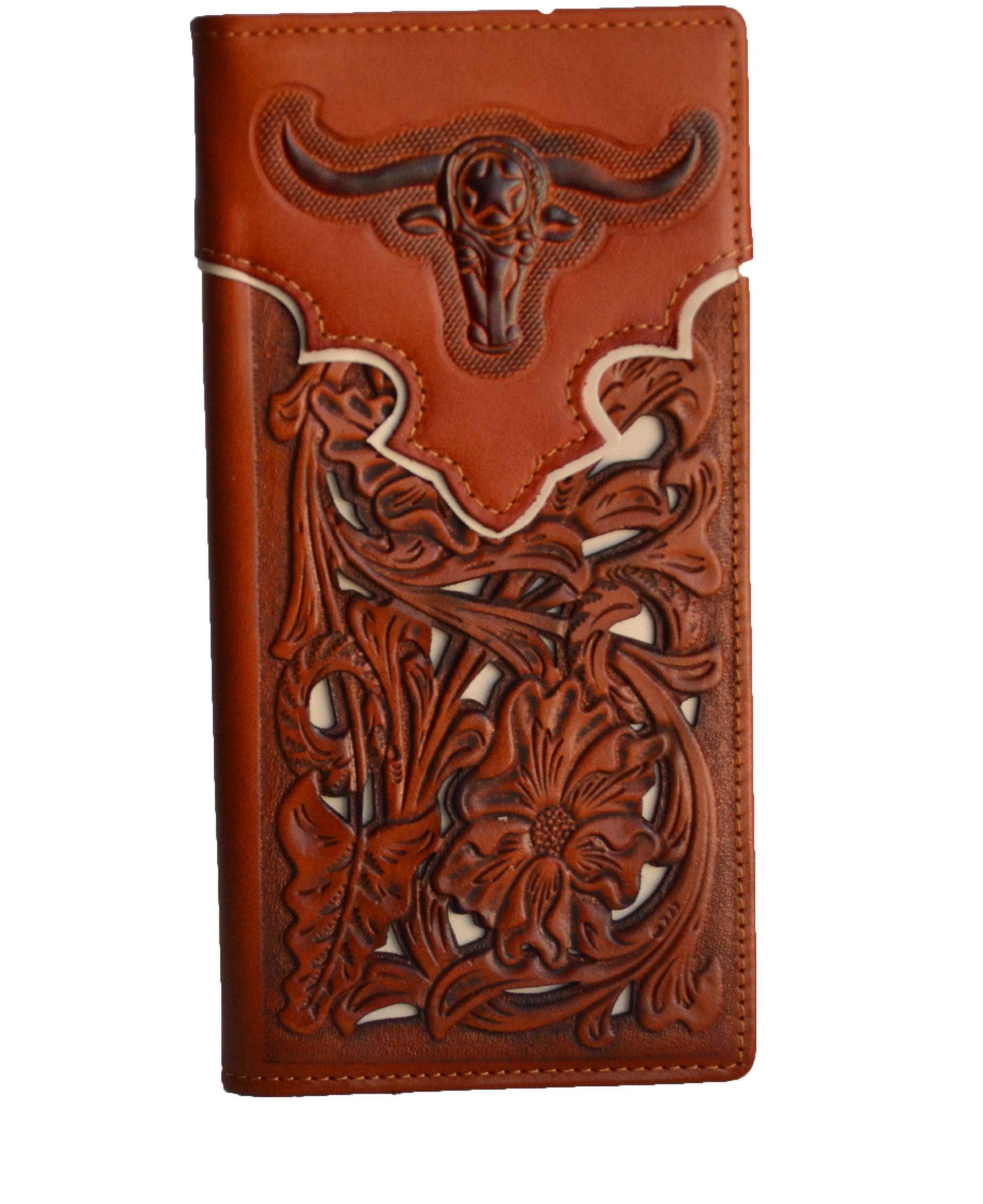 Men Western Long Wallet Cowboy Floral Tooled Leather Checkbook Texas ...