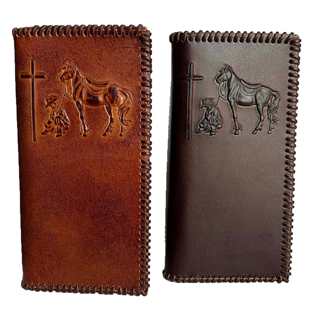 Men's Leather Bi-fold Western Men Wallets Cowboy Praying Cross Long ...