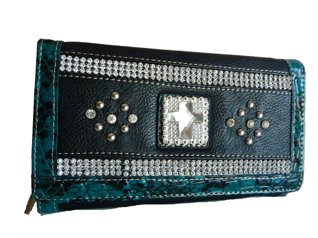 Western Wallets for Women Rhinestone Cross Clutch Cowgirl Zip Around ...