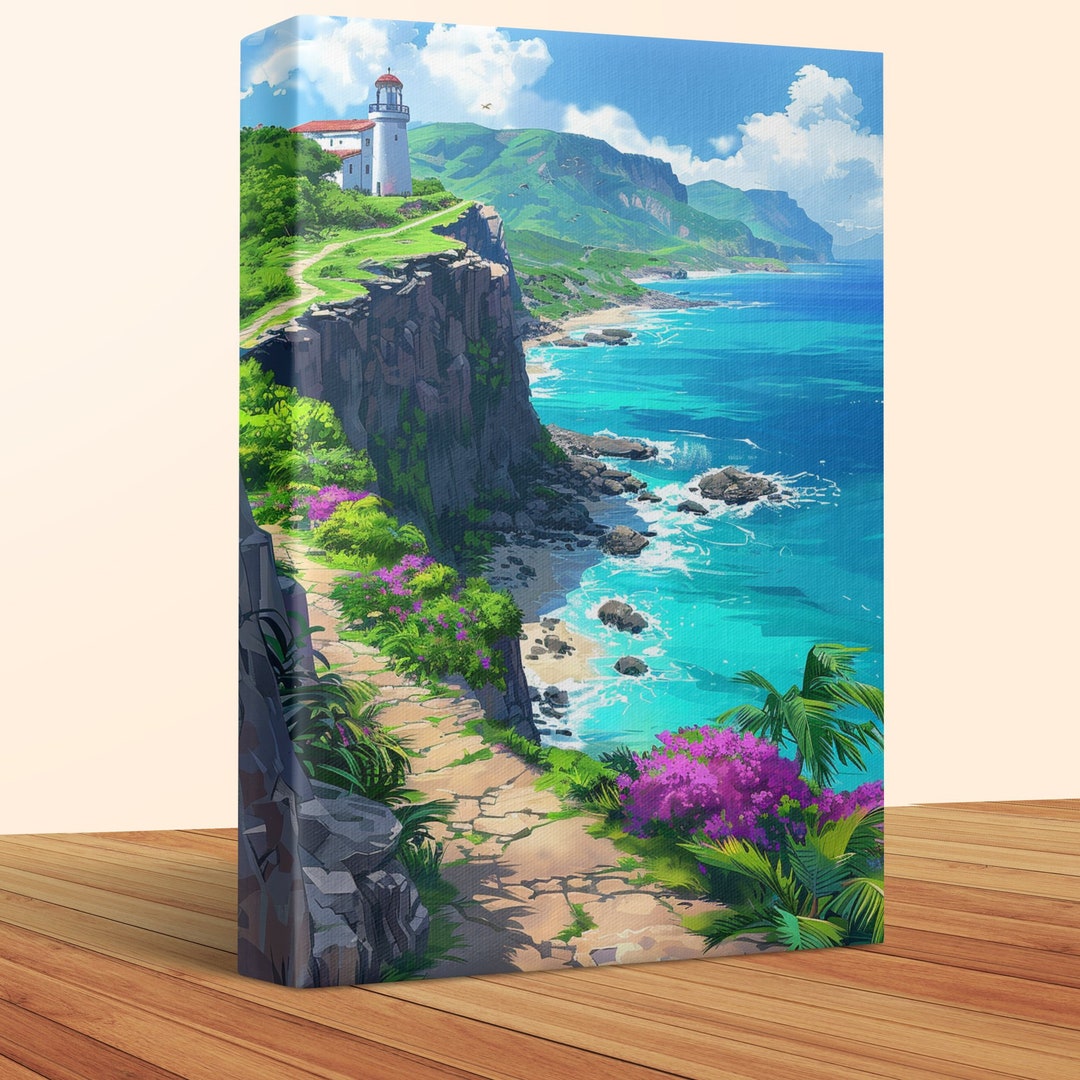 Coastal Lighthouse Seascape Print, Vibrant Ocean Cliff Artwork ...