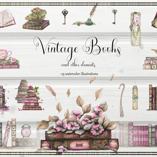 Watercolor Vintage Books Library Clipart. PNG on Transparent - Etsy
