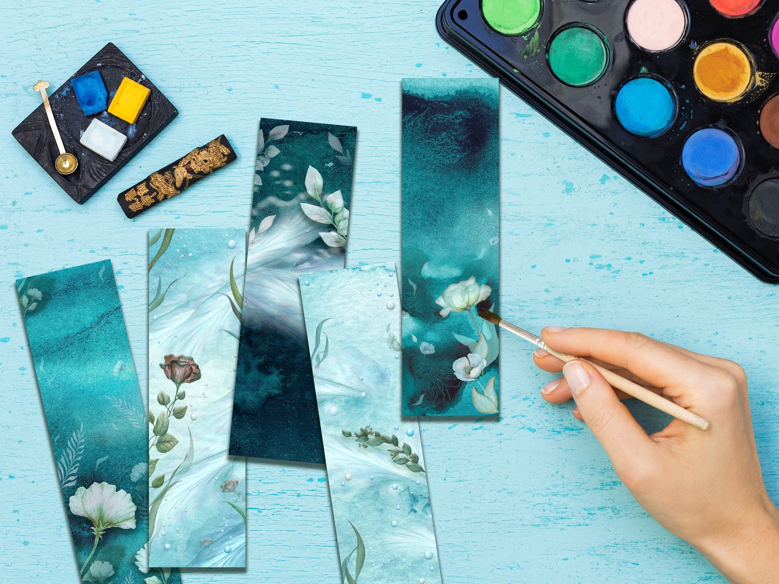 Printable Bookmarks "flowers in Water", Digital Download, Turquoise ...