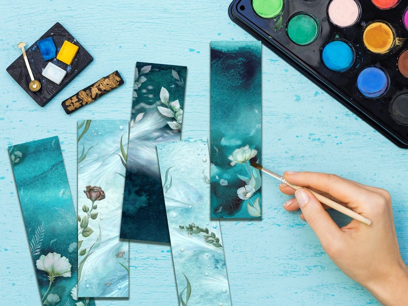 Printable Bookmarks "flowers in Water", Digital Download, Turquoise ...
