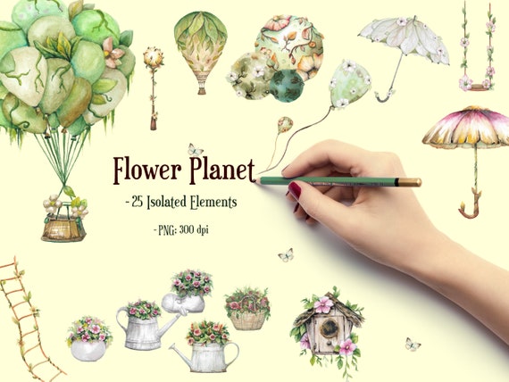 Flower Planet Watercolor Clipart Digital PNG Floral - Etsy