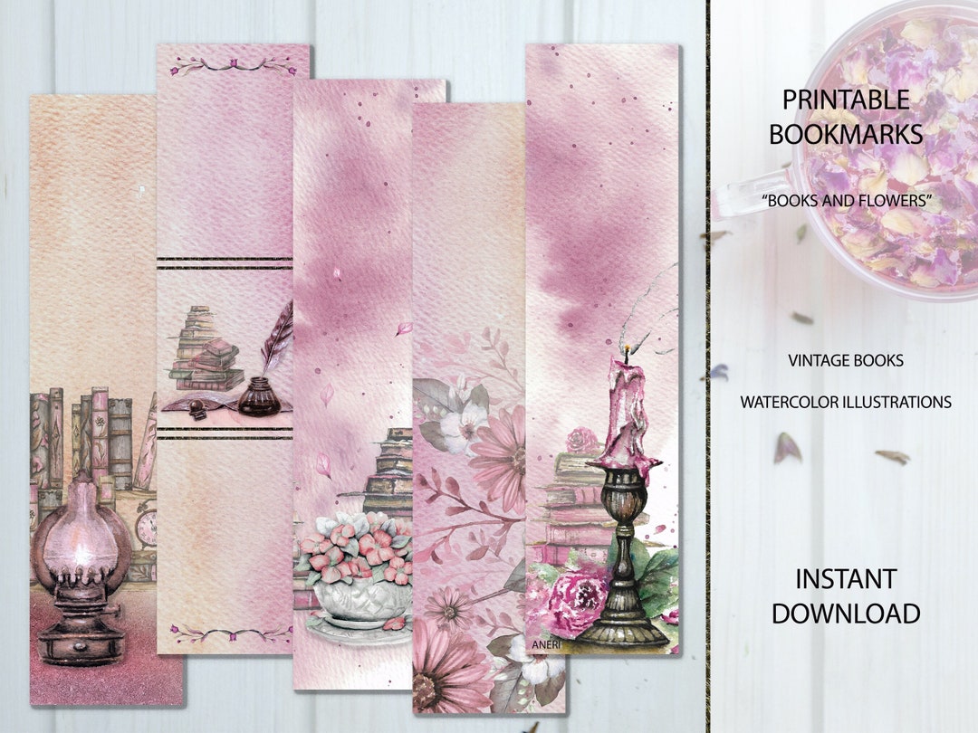 Vintage Books and Flowers, Printable Bookmarks With Watercolor ...