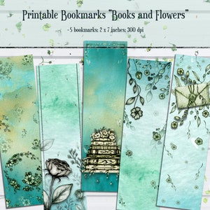 Printable Vintage Bookmarks, Books and Flowers, Teal Background ...