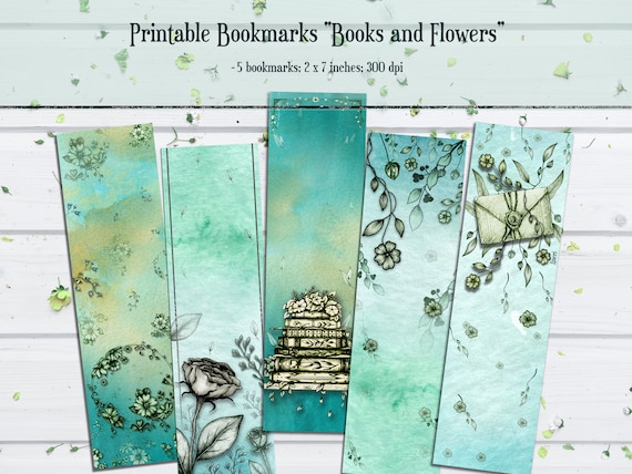 Printable Vintage Bookmarks Books and Flowers Teal - Etsy