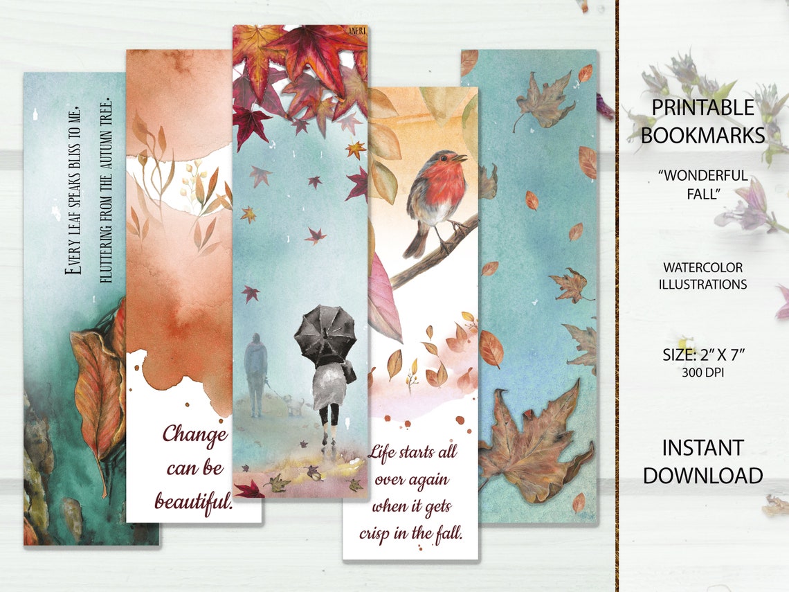 Printable Bookmarks With Fall Watercolor Illustrations, Colorful Autumn ...