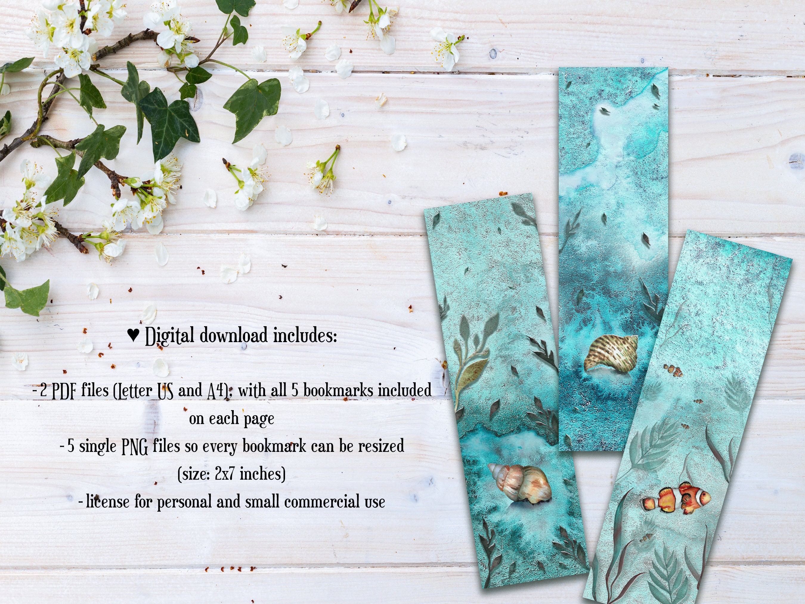 Watercolor Under the Sea Bookmarks: Sea Turtle, Jellyfish (digital ...