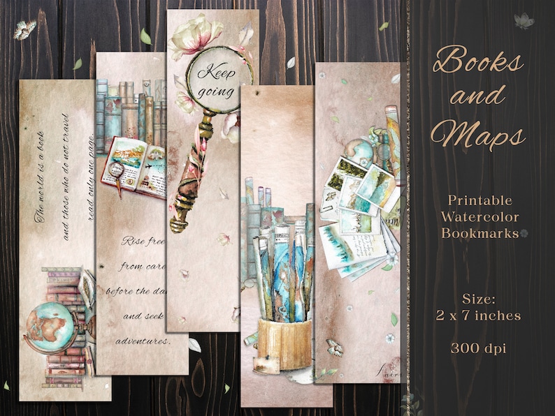Books and Maps Digital Bookmarks, Vintage Travel Printable Bookmarks ...