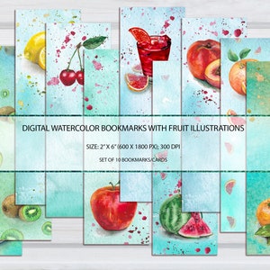 Digital PNG Bookmarks With Fruits Watercolor Illustrations, Sublimation ...