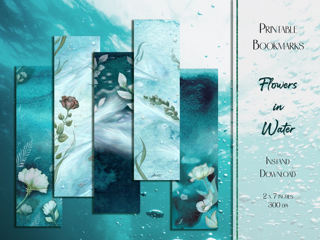 Printable Bookmarks "flowers in Water", Digital Download, Turquoise ...