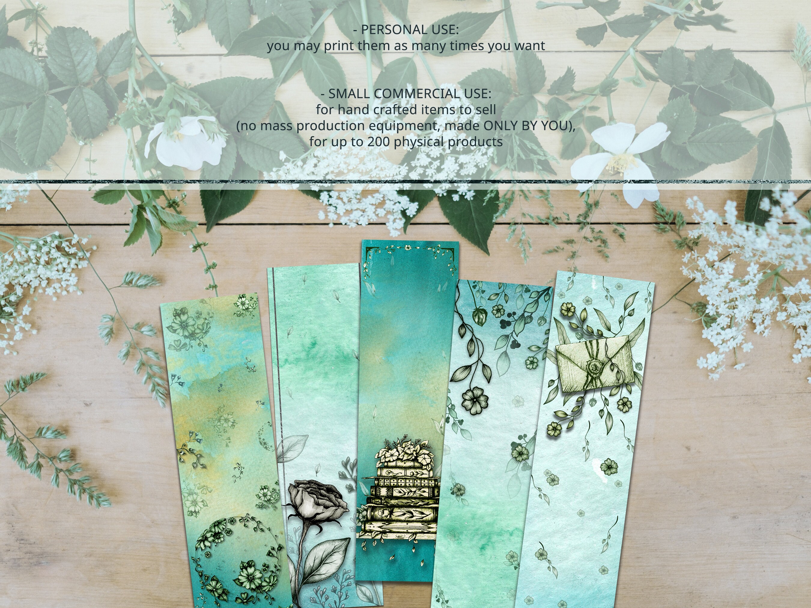 Printable Vintage Bookmarks, Books and Flowers, Teal Background ...