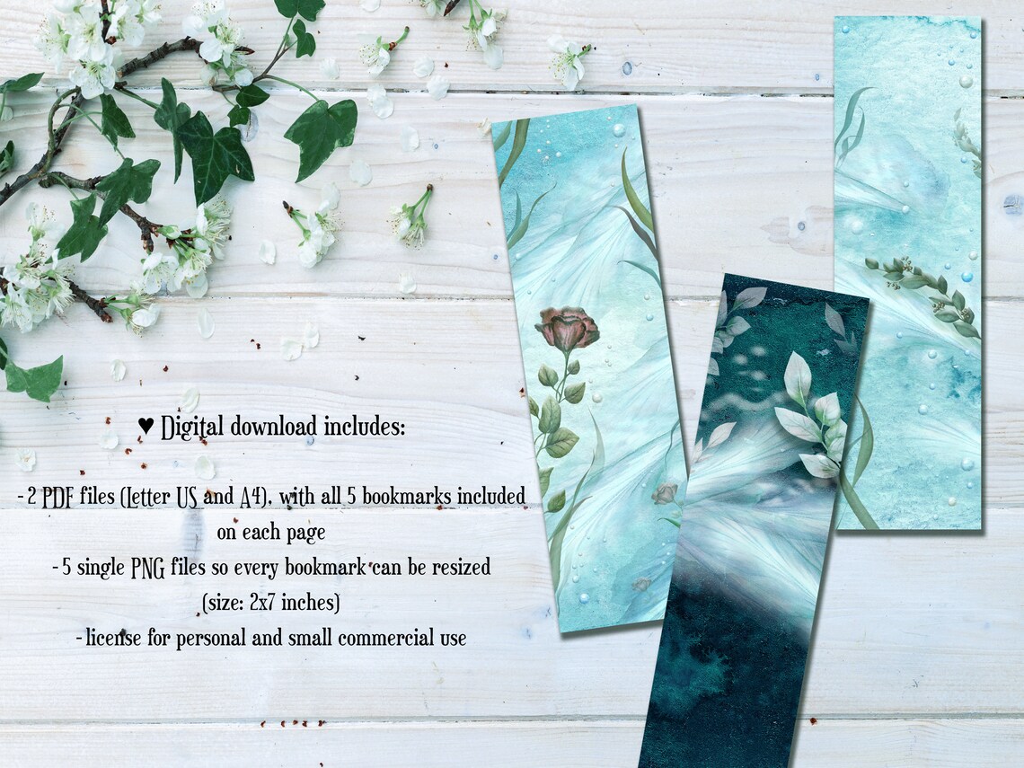 Printable Bookmarks "flowers in Water", Digital Download, Turquoise ...