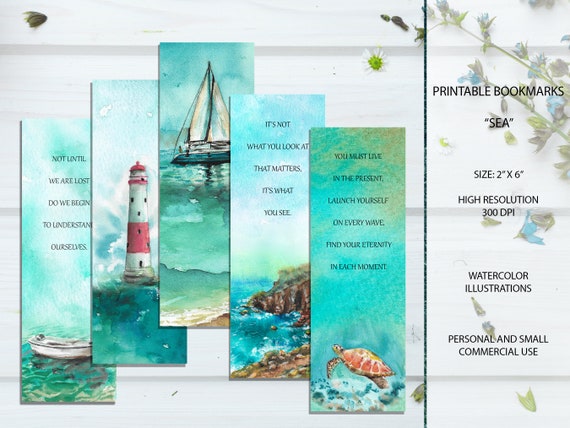 Printable Bookmarks With Watercolor Illustrations Summer Sea | Etsy