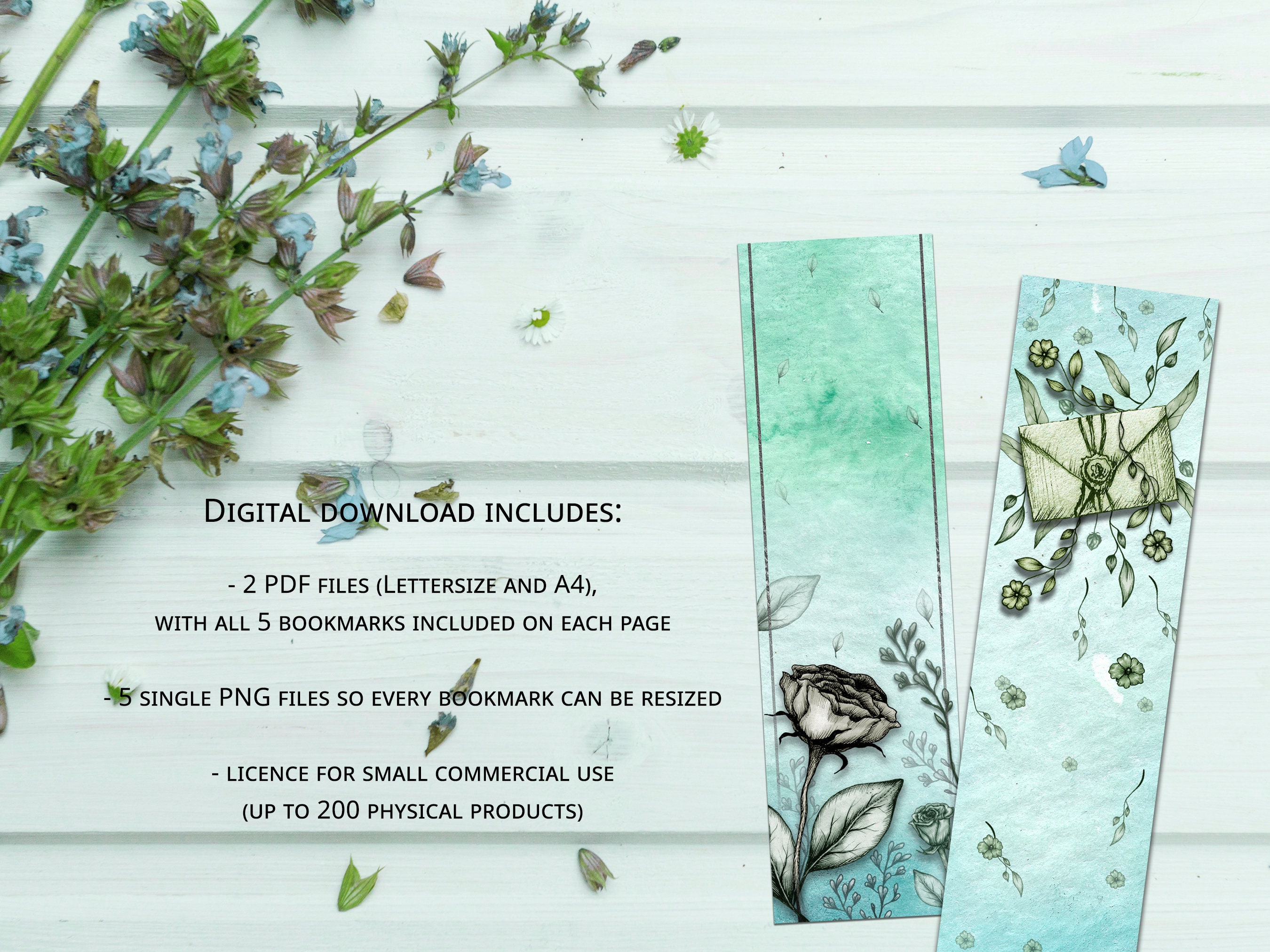 Printable Vintage Bookmarks, Books and Flowers, Teal Background ...