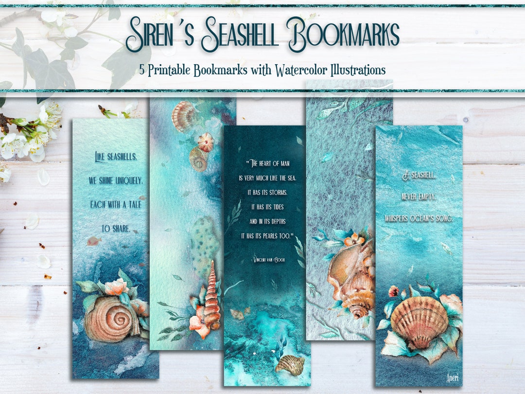 Seashell and Underwater Digital Bookmarks, Deep Blue Sea, Watercolor ...
