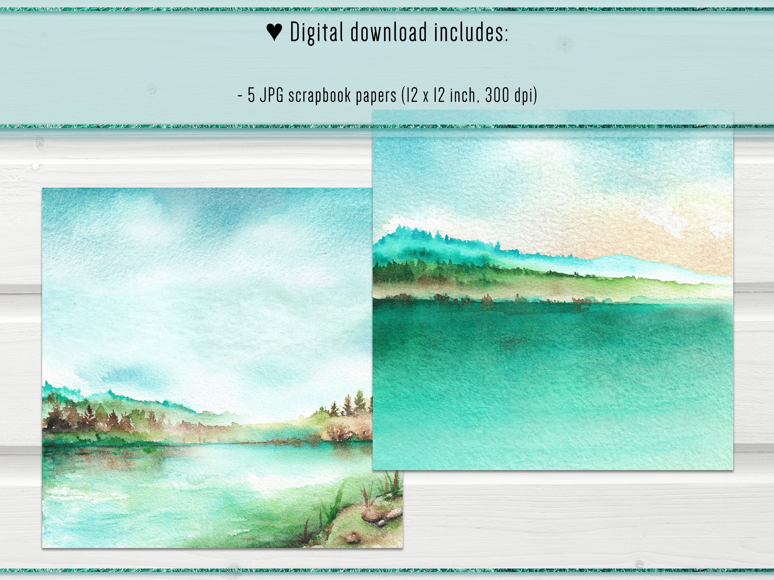 Lakes and Mountains Digital Papers, Watercolor Landscapes, Scrapbook ...