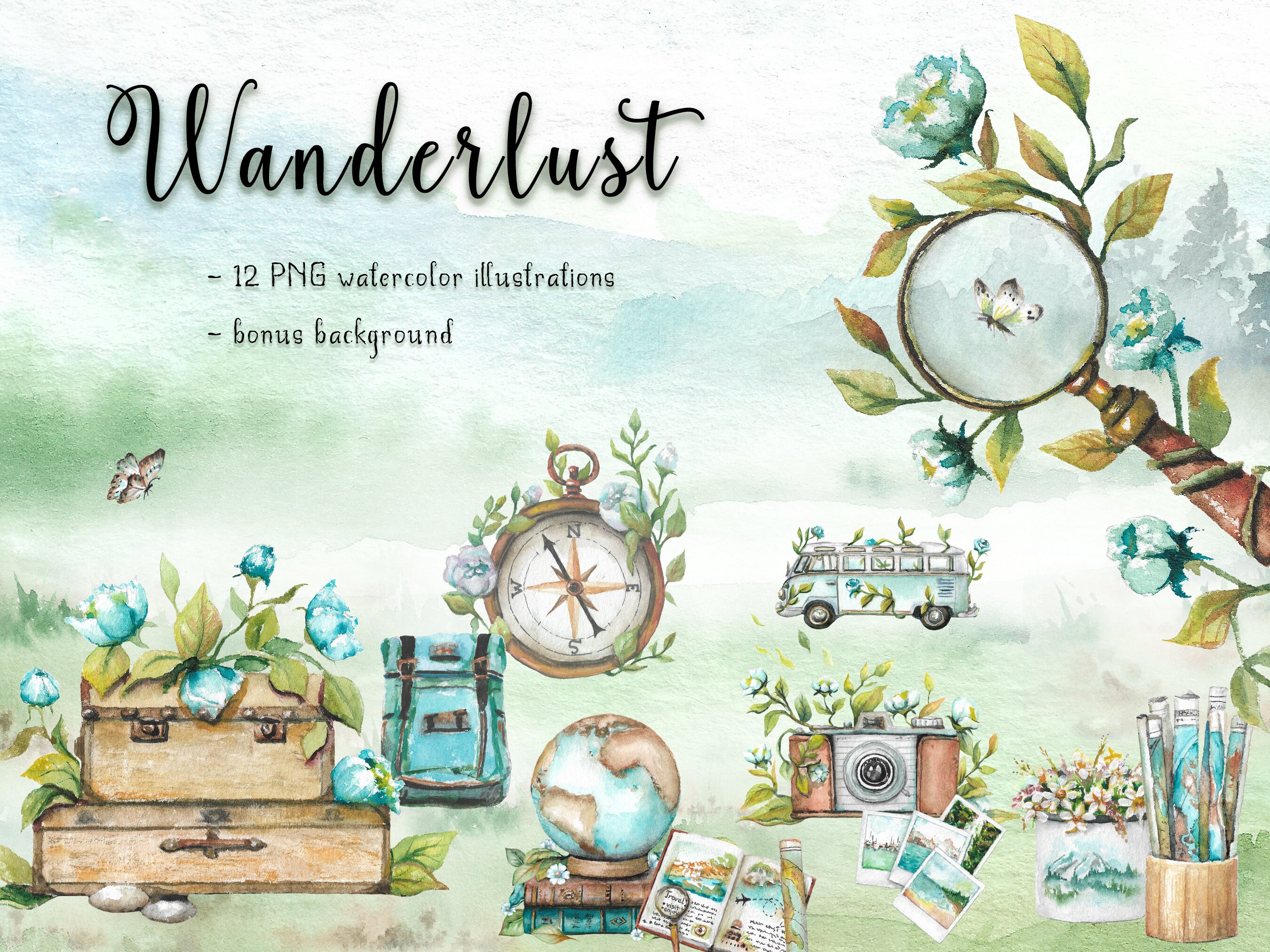 Wanderlust Clipart Travel Watercolor Illustrations - Etsy