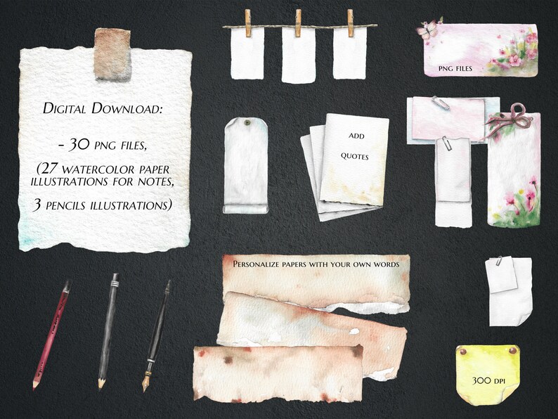 Watercolor Paper Illustrations for Small Notes, Digital Papers, Vintage ...