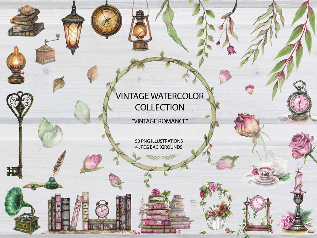 Vintage Digital Watercolor Hand Painted Clipart, Rose Illustrations ...
