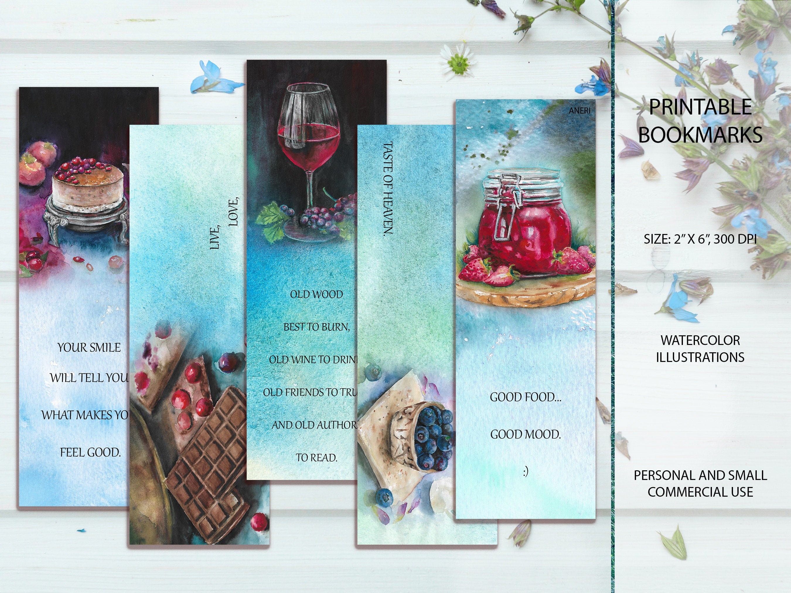 Printable Bookmarks With Food Watercolor Illustrations, Dessert Cards ...