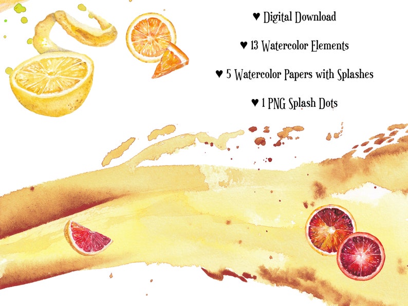 Citrus Fruits Clipart and Watercolor Backgrounds, Digital Paper With ...