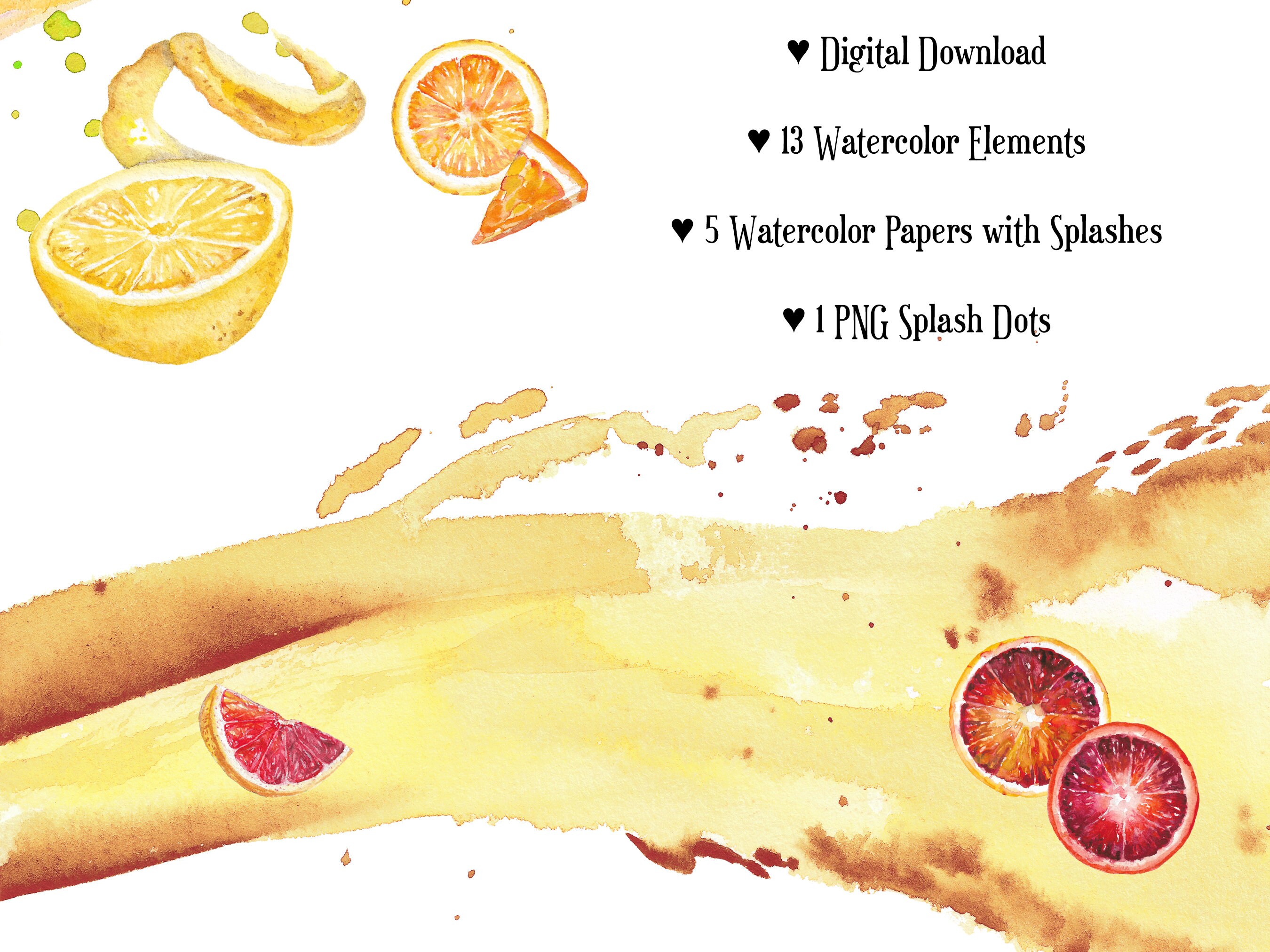 Citrus Fruits Clipart and Watercolor Backgrounds, Digital Paper With ...