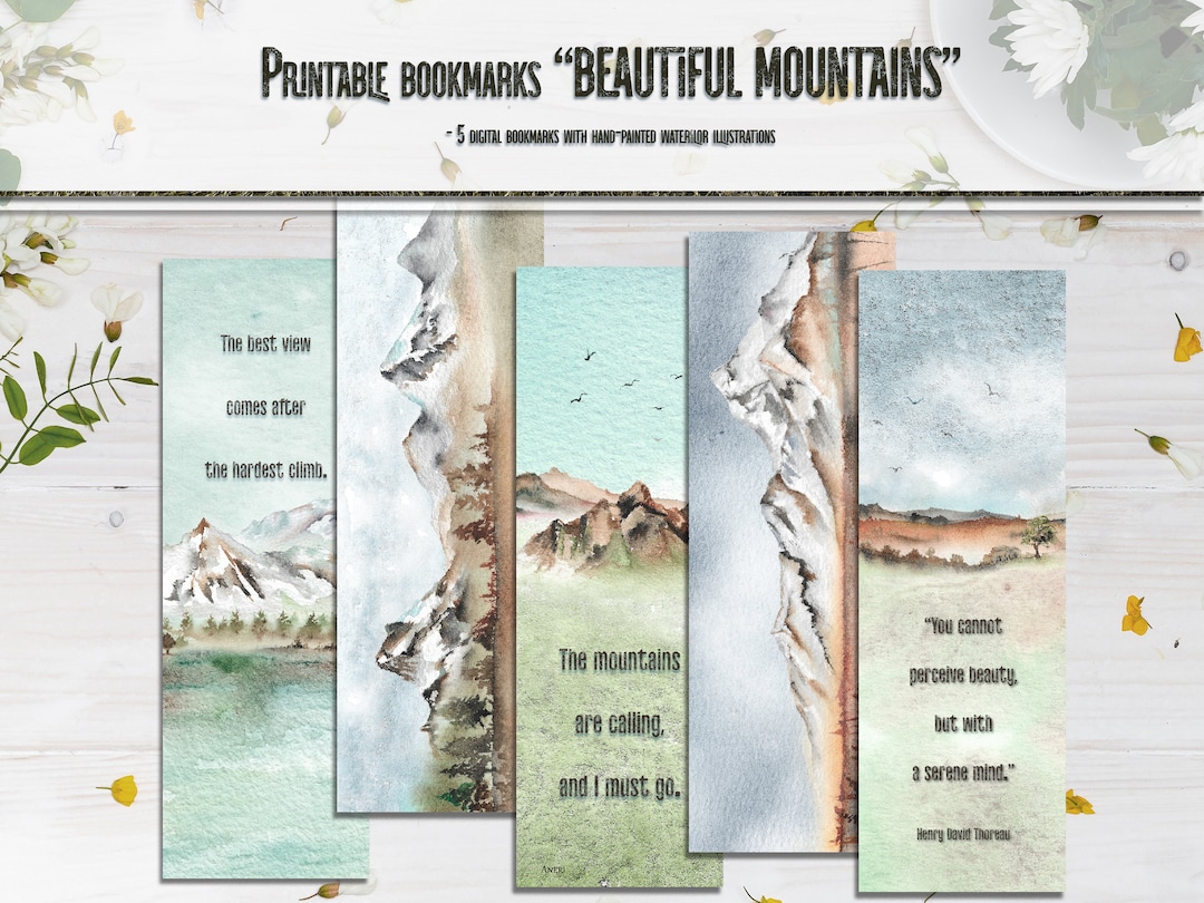 Printable Bookmarks With Watercolor Mountain Illustrations, Digital ...